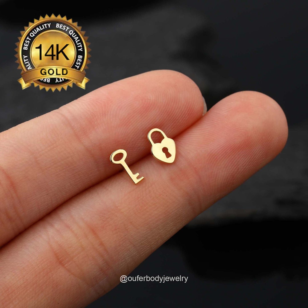 14K Solid Gold Key&lock Threadless Push Pin Labret Stud Earrings ...
