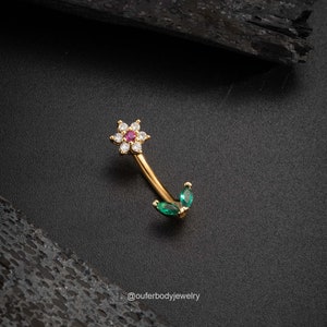 16G Flower Curved Barbell/green Leaf Cartilage Earring/rook Earring ...