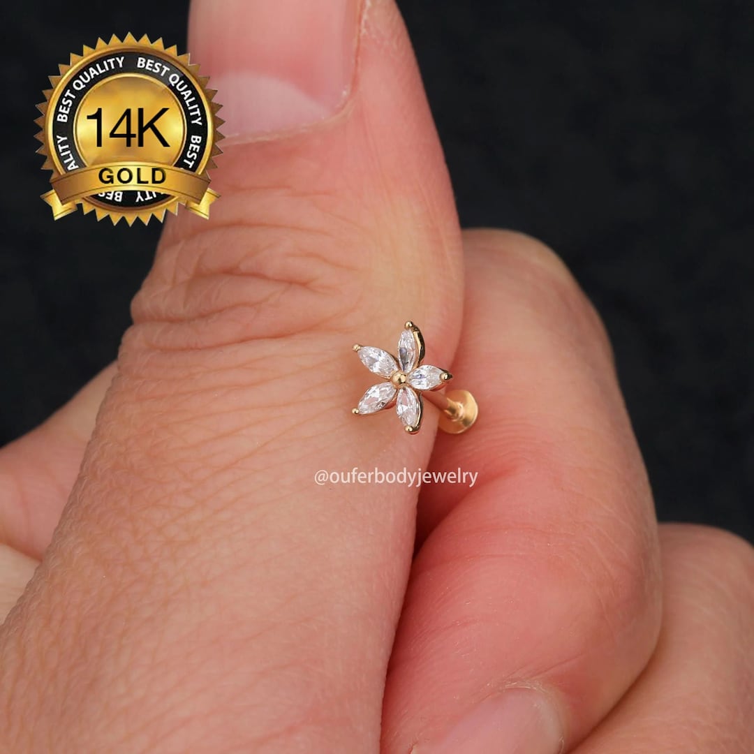 14K Gold Flower Threadless Push Pin Labret Stud/cartilage Earring ...