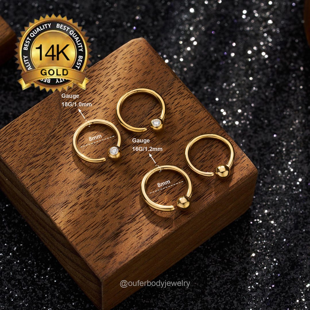 14K Solid Gold Ball/cz Captive Bead Ring/septum Hoop/nose Ring/daith Earring/daith Hoop/septum ...