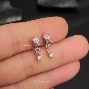 16G Flower CZ Dangle Rook Earring/curved Barbell/eyebrow Ring/vertical ...