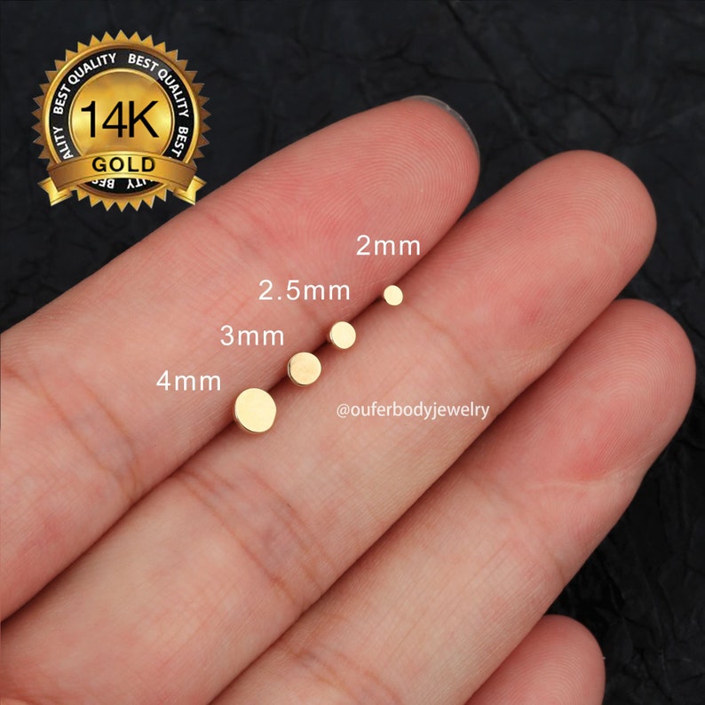 14K Solid Gold Tiny Flat Disc Threadless Push Pin Labret - Etsy