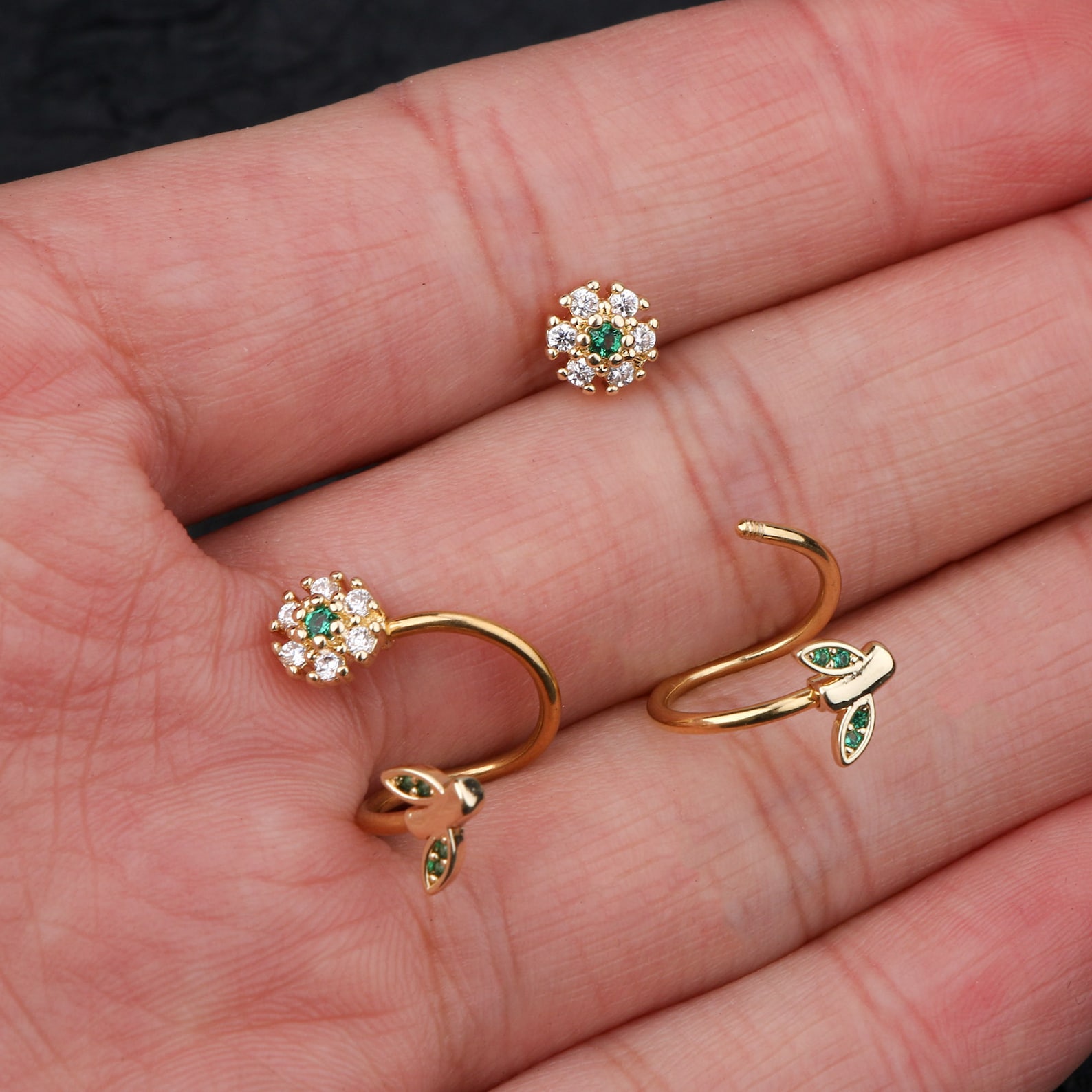 16G Spiral Helix Earring CZ Flower and Leaf Cartilage | Etsy