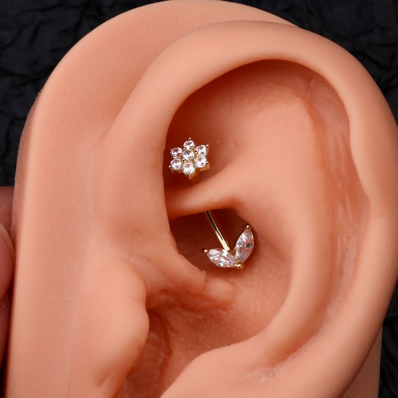 9K &14K Solid Gold Flower Sparkle Curved Barbell/16g Rook - Etsy