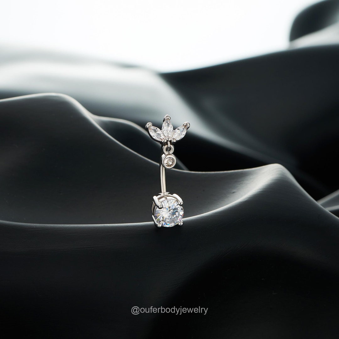 14G Lotus Floral Dangle CZ Belly Button Ring/silver Navel Ring/belly ...
