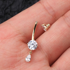 10K Solid Gold Double CZ Belly Dangle Rings/ 14G Belly Button Rings/ Navel Piercing Jewelry ...