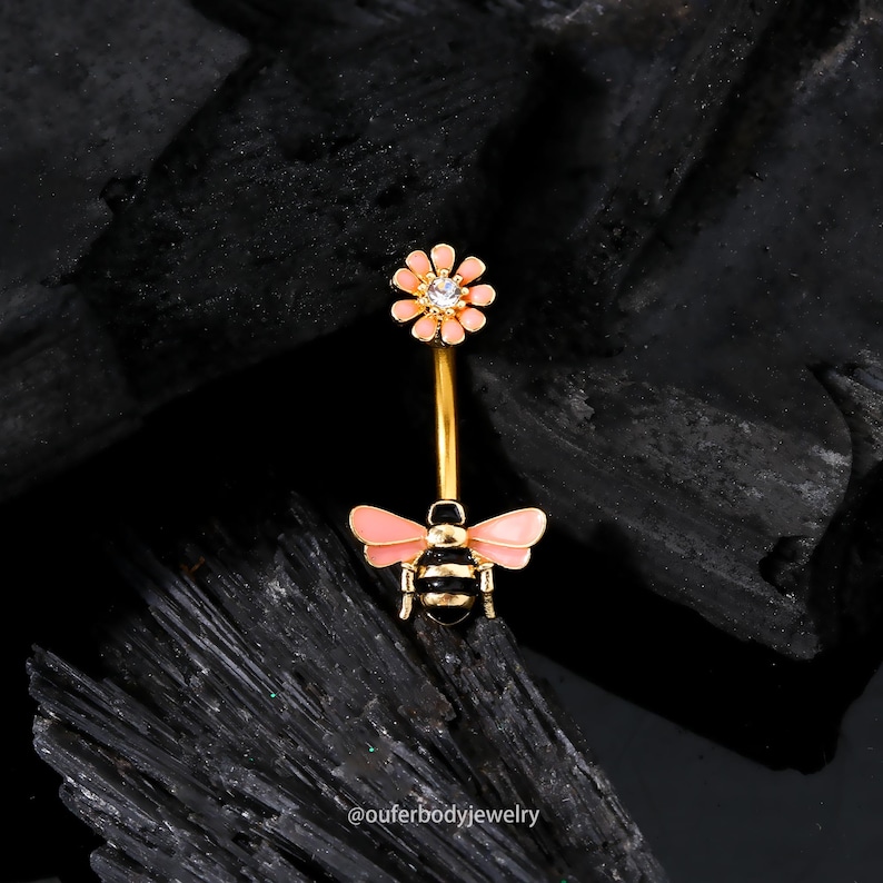 14G Bee & Flower Belly Button Ring/cz Belly Jewelry/navel - Etsy