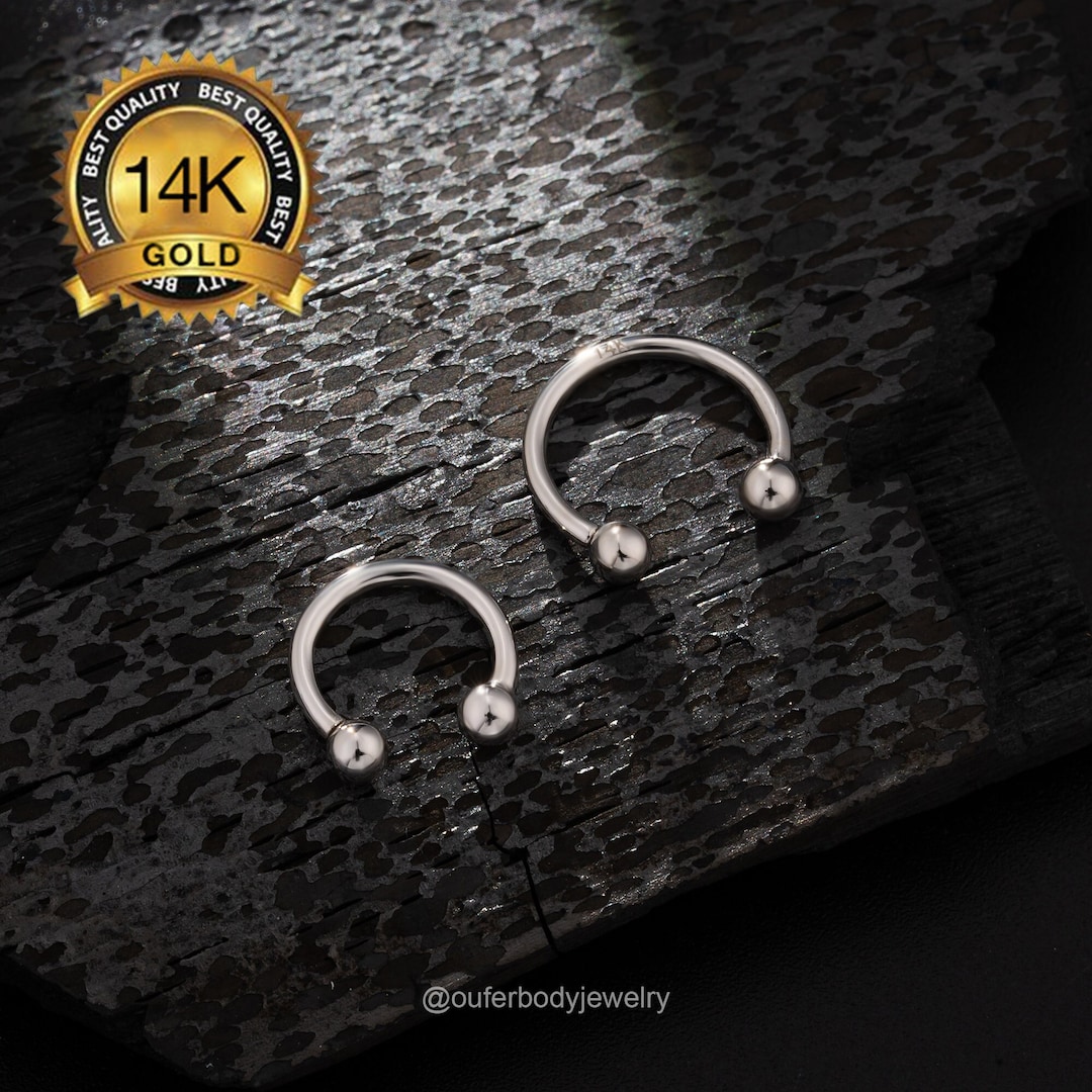 14K White Gold Internally Threaded Horseshoe Nose Septum Ring Ball Ends ...