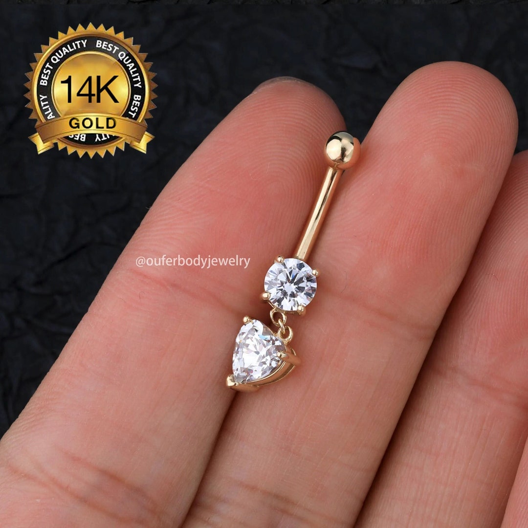 14K Solid Gold Heart Belly Rings/14g Dangle Belly Button Rings/navel ...