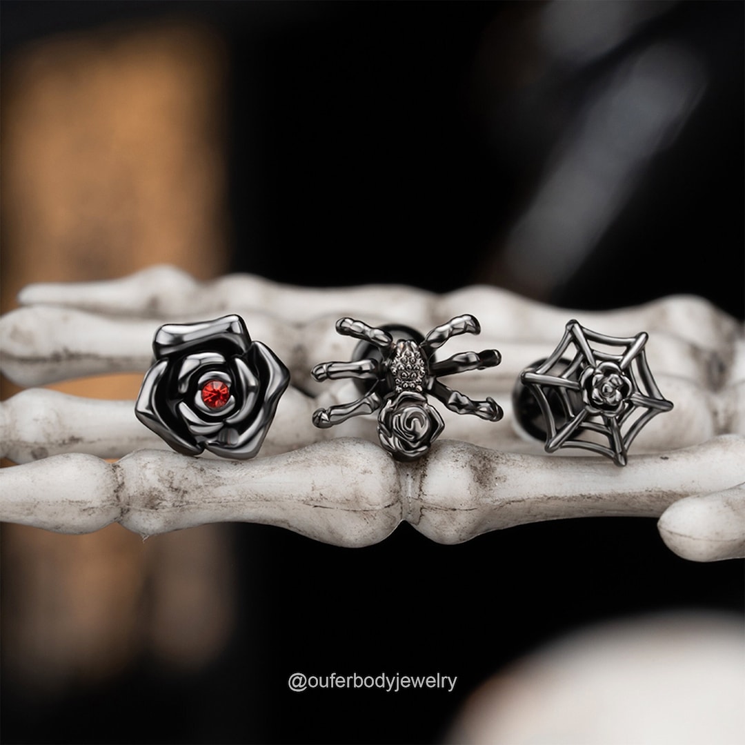 16G 3PCS Rose/web/spider Cartilage Studs Set/halloween Black Cartilage ...