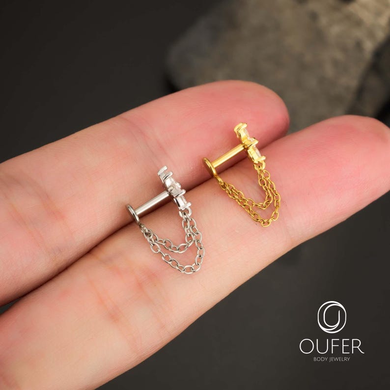 16G Flower CZ Threadless Helix Chain Push Pin Stud, Flat Back Cartilage ...
