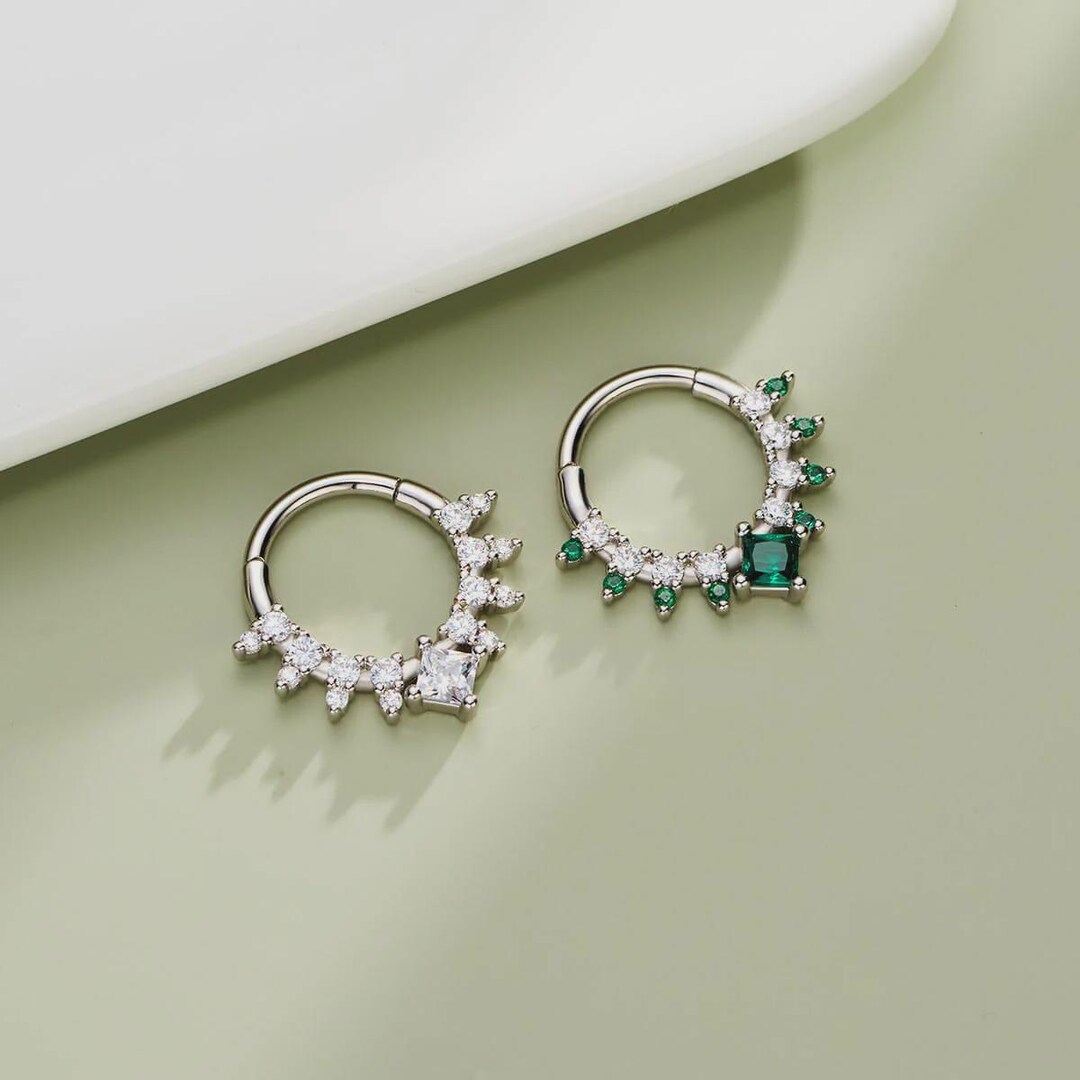 16G Square CZ Green Septum Ring/cluster CZ Hinged Daith Earring ...