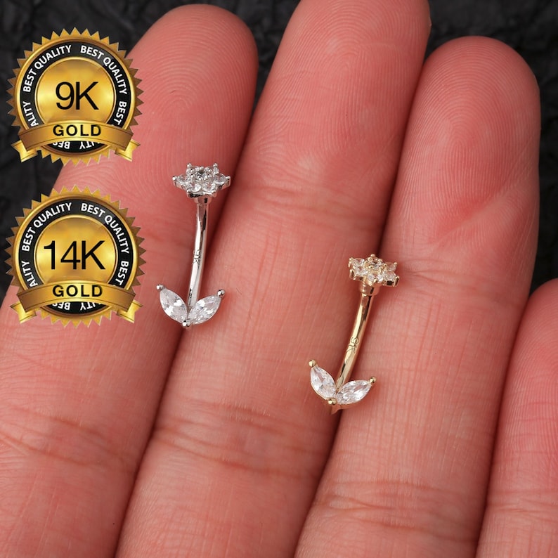 9K &14K Solid Gold Flower Sparkle Curved Barbell/16g Rook - Etsy