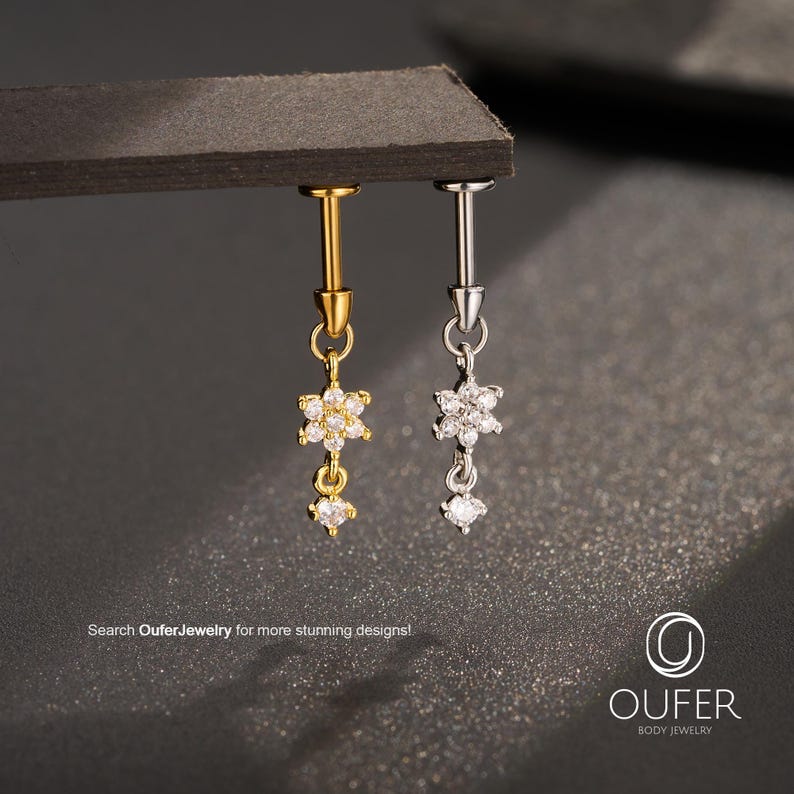 16G Flower CZ Hidden Vertical Helix Earring, Dangle Hidden Rook ...
