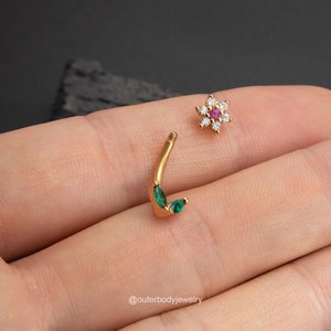 16G Flower Curved Barbell/green Leaf Cartilage Earring/rook Earring ...