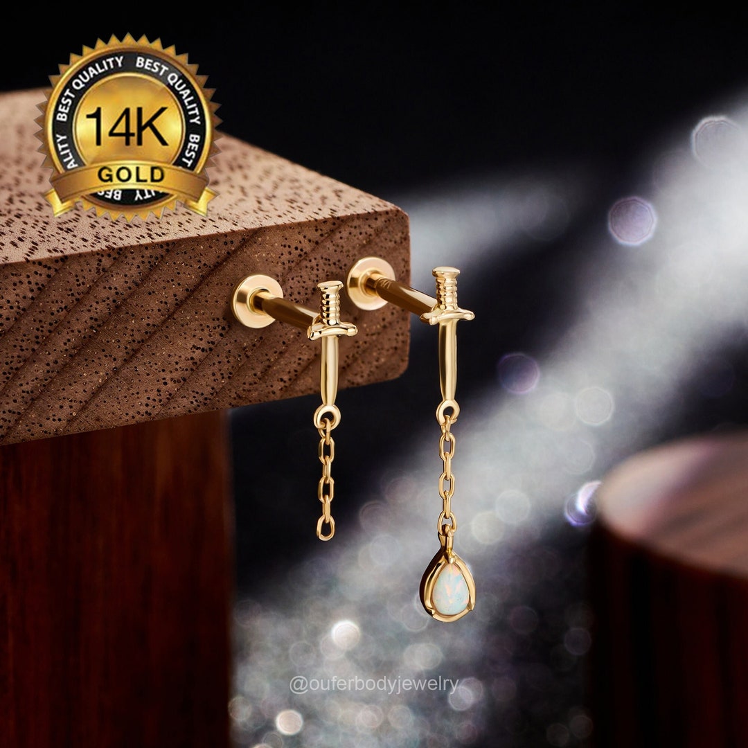 14k Gold Dagger Dangle Threadless Earring/push-in Drop Earring/nose ...