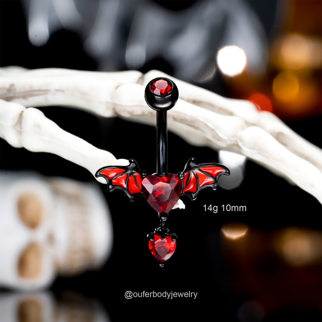 14G Bat Wing Halloween Belly Ring/dangle Heart Navel Piercing/belly ...