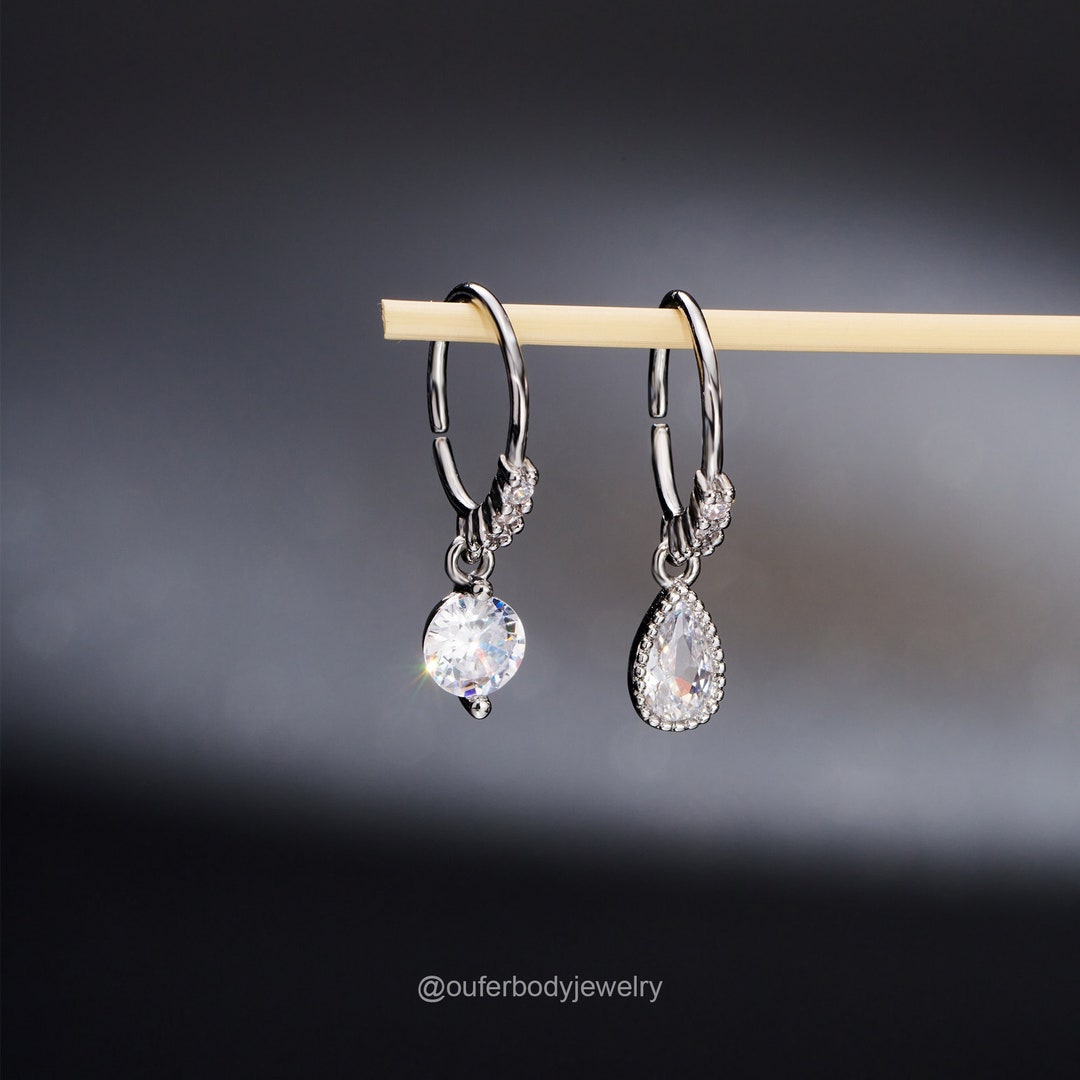 20G Dangle Nose Ring/round Cz/teardrop Nose Piercing/hoop Earrings/rook ...