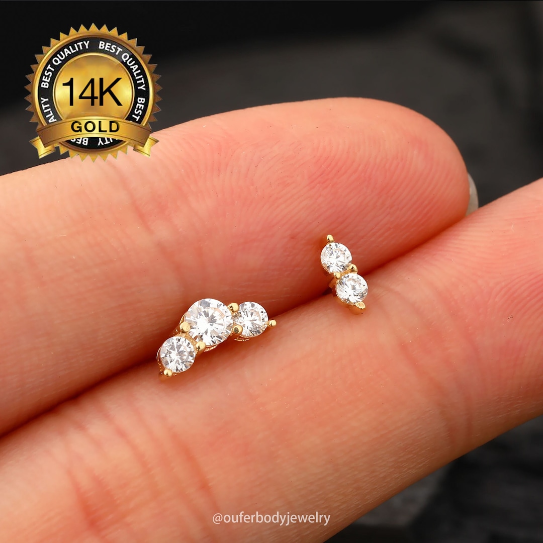 14K Solid Gold Tiny Clear CZ Threadless Flat Back Earrings/push Pin ...