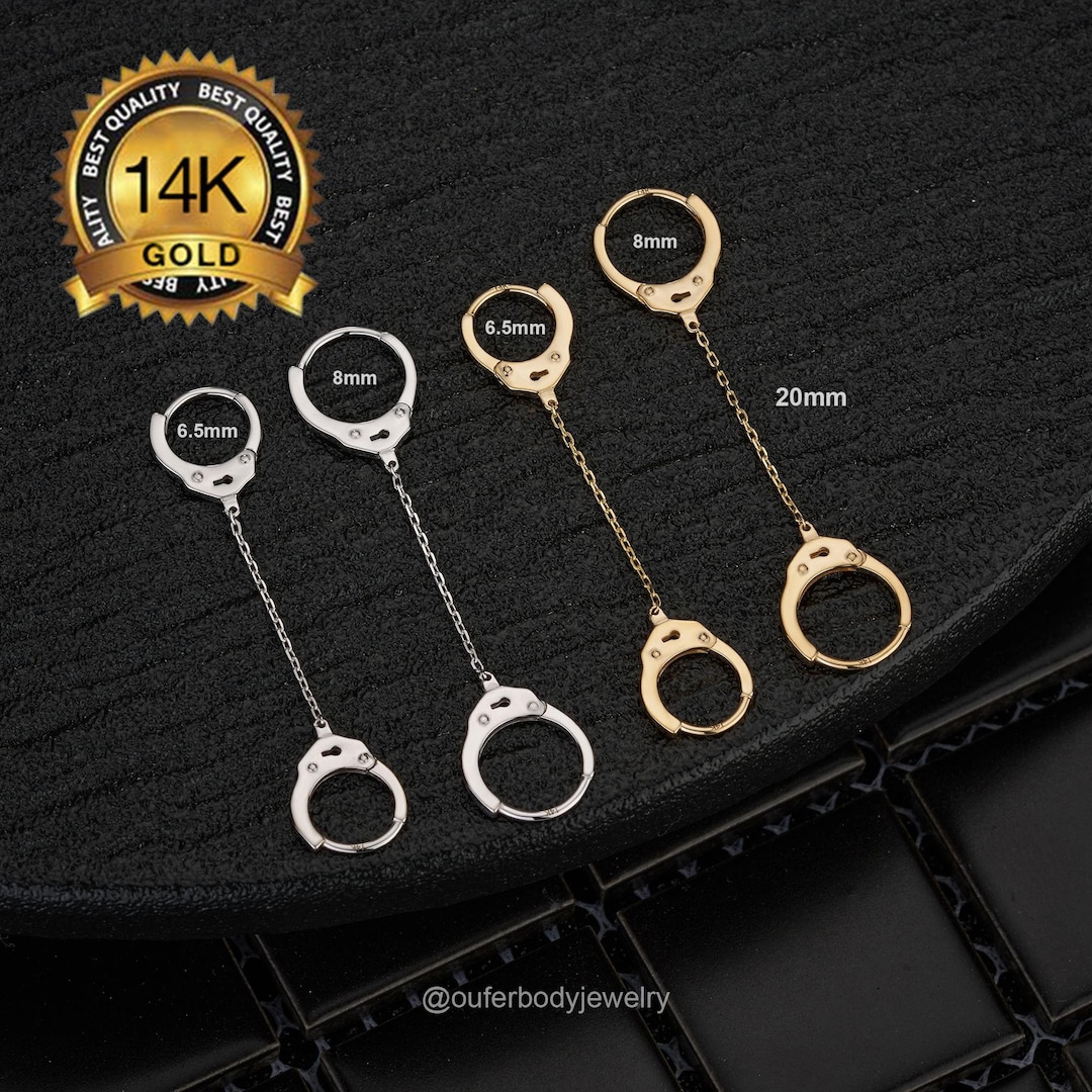 14K Solid Gold Handcuff Hoop Earring/double Piercing Chain Loop Earring ...