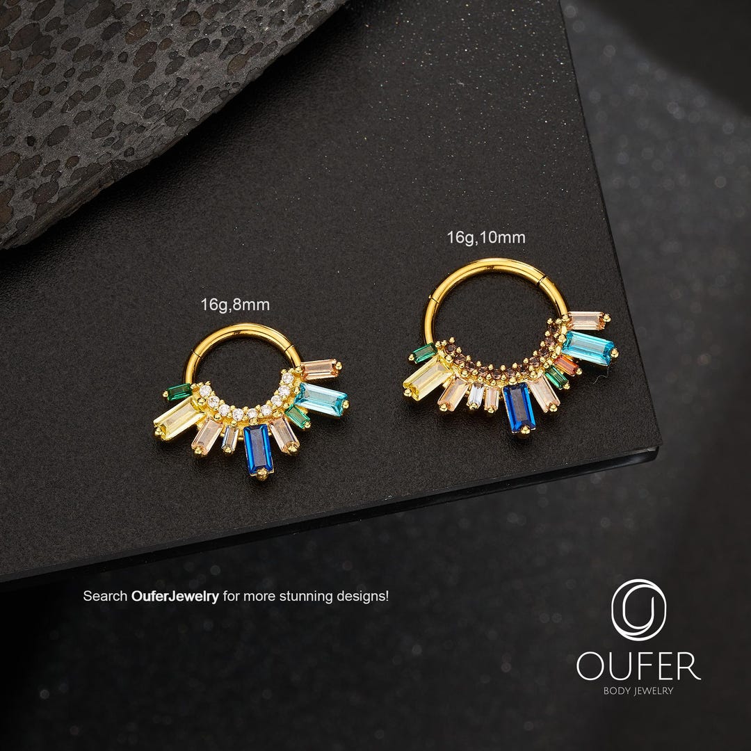 16G Baguette CZ Septum Ring/fan Hoop Clicker/daith Earrings/gold ...