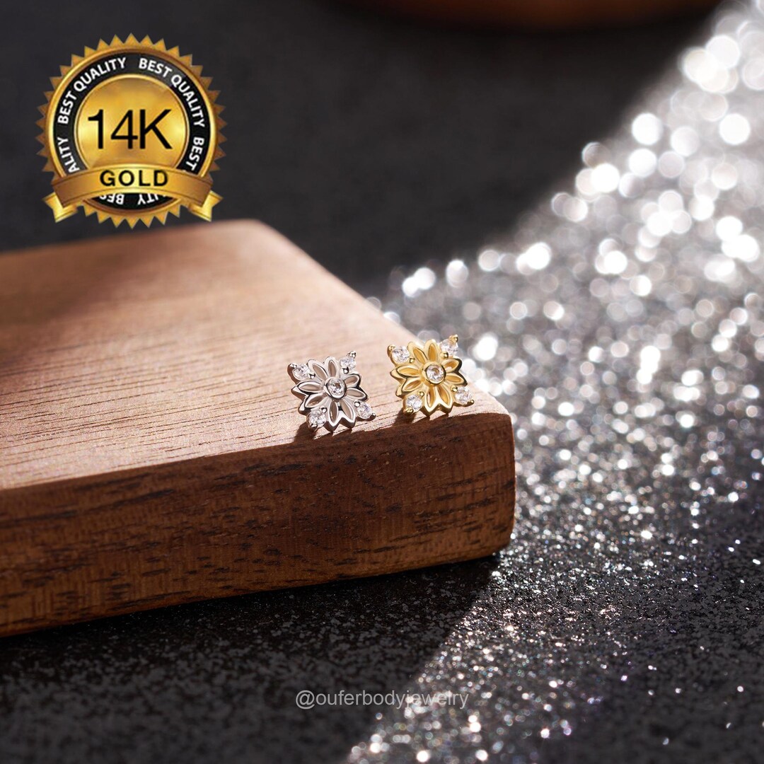 14K Solid Gold CZ Flower Dermal Top,yellow/white Gold Flat Anchor Top ...