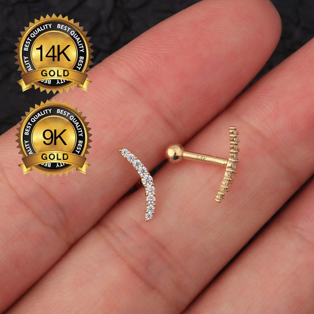14K Solid Gold Lined CZ Curve Cartilage Earring Stud/inner Conch ...