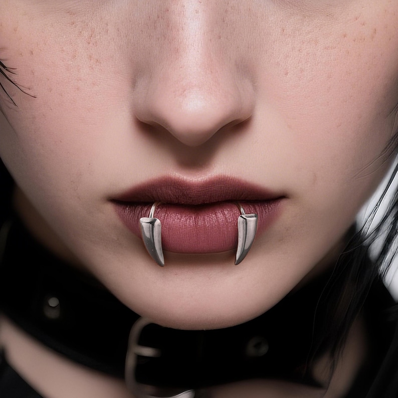 2PCS 316L Stainless Steel Fake Lip Ring, Vampire Fangs Lip Cuff ...