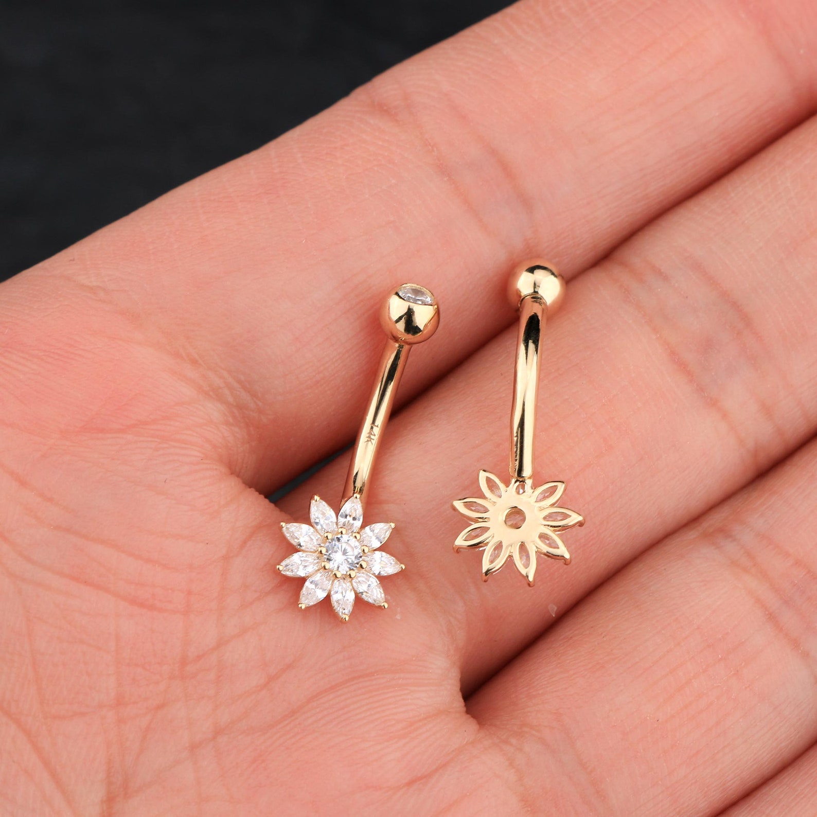 14K Solid Gold Flower CZ Belly Button Ring/floral Navel Piercing/belly ...