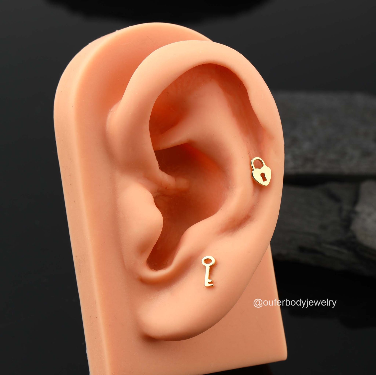 14K Solid Gold Key&lock Threadless Push Pin Labret Stud Earrings ...