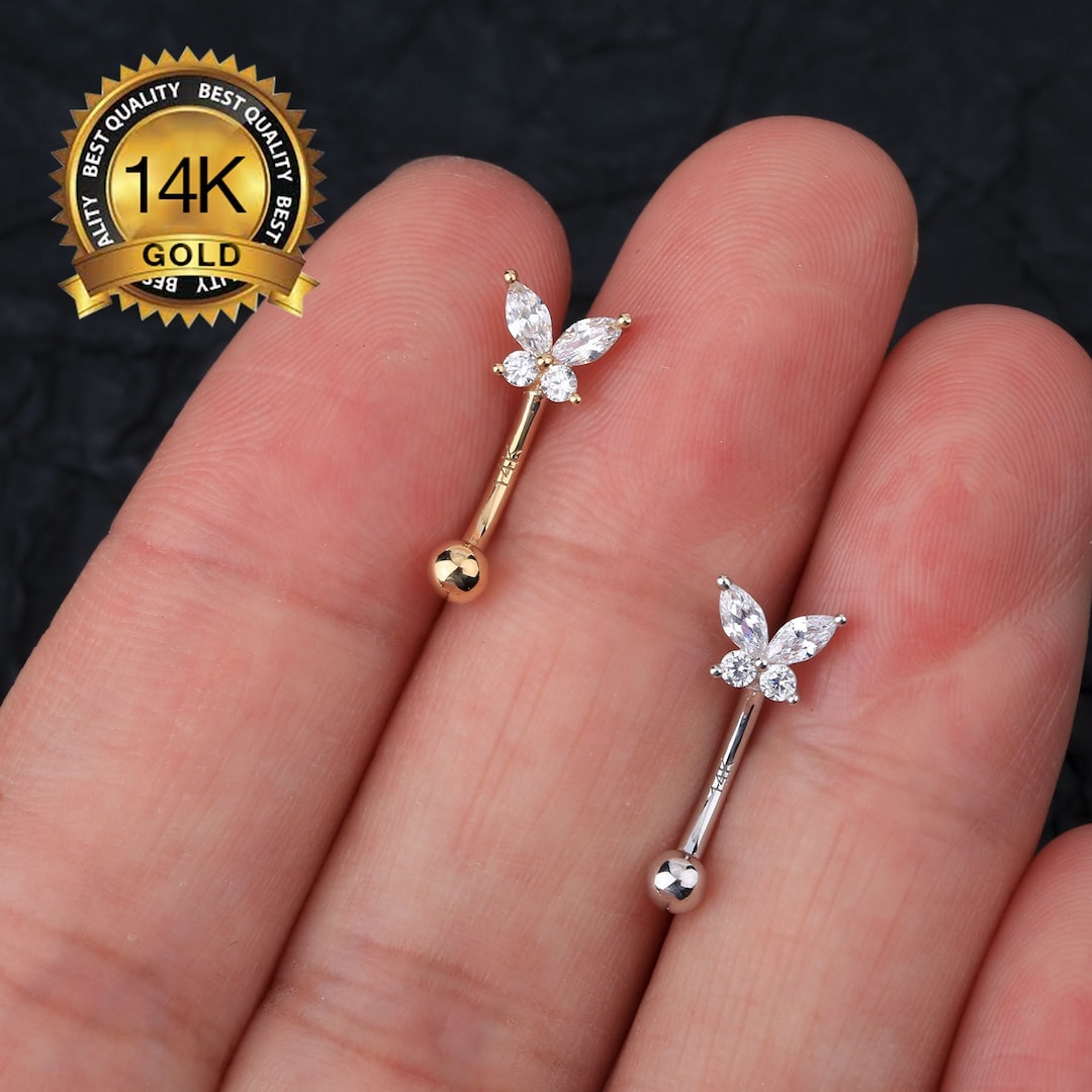 14K Solid Gold Butterfly Curved Barbell Earring/16g Rook Piercing ...