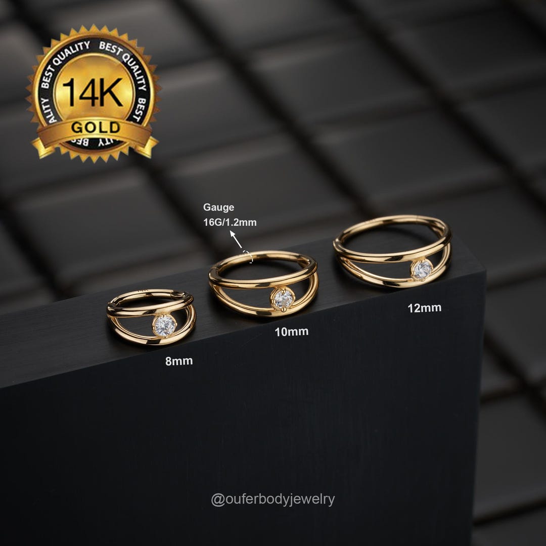 16G 14K Solid Gold Double Hoop CZ Cartilage Earring/septum Clicker ...