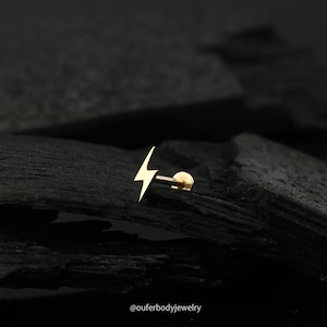 14K Solid Gold Tiny Lightning Bolt Threadless Push Pin Labret Stud/cartilage Earrings/forward ...
