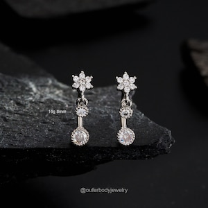 16G Flower CZ Dangle Rook Earring/curved Barbell/eyebrow Ring/vertical ...