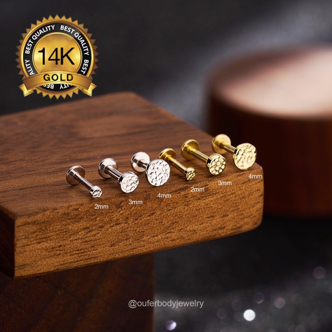 14K Solid Gold Tiny Hammered Threadless Push Pin Labret Stud | 2/3/4mm ...