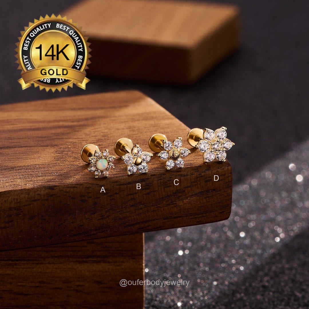 14K Solid Gold Floral Cz/opal Threadless Cartilage Earring/push Pin ...