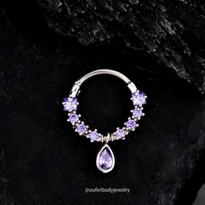 16G Teardrop Purple CZ Dangle Septum Hoop/septum Clicker/dangle Daith ...