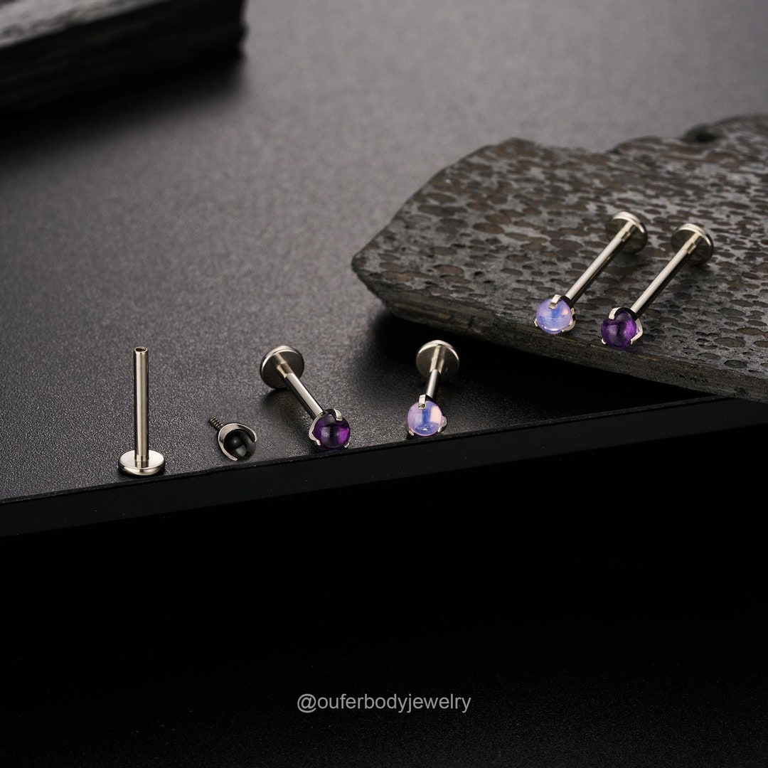 16G Titanium Natural Stone Internally Threaded Flat Back Stud/amethyst ...