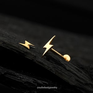14K Solid Gold Tiny Lightning Bolt Threadless Push Pin Labret Stud/cartilage Earrings/forward ...