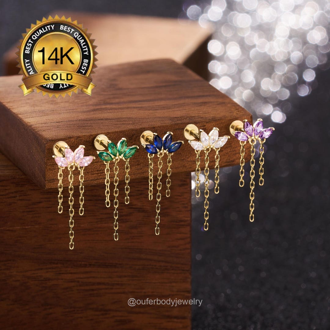 14K Solid Gold Crown Threadless Push-in Labret Stud With Gold Chain ...