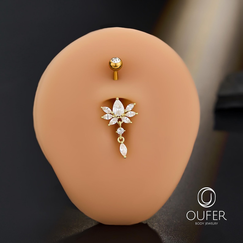 Anneau de nombril fleur de lotus 14 g - Piercing d'haltères pendants au ...