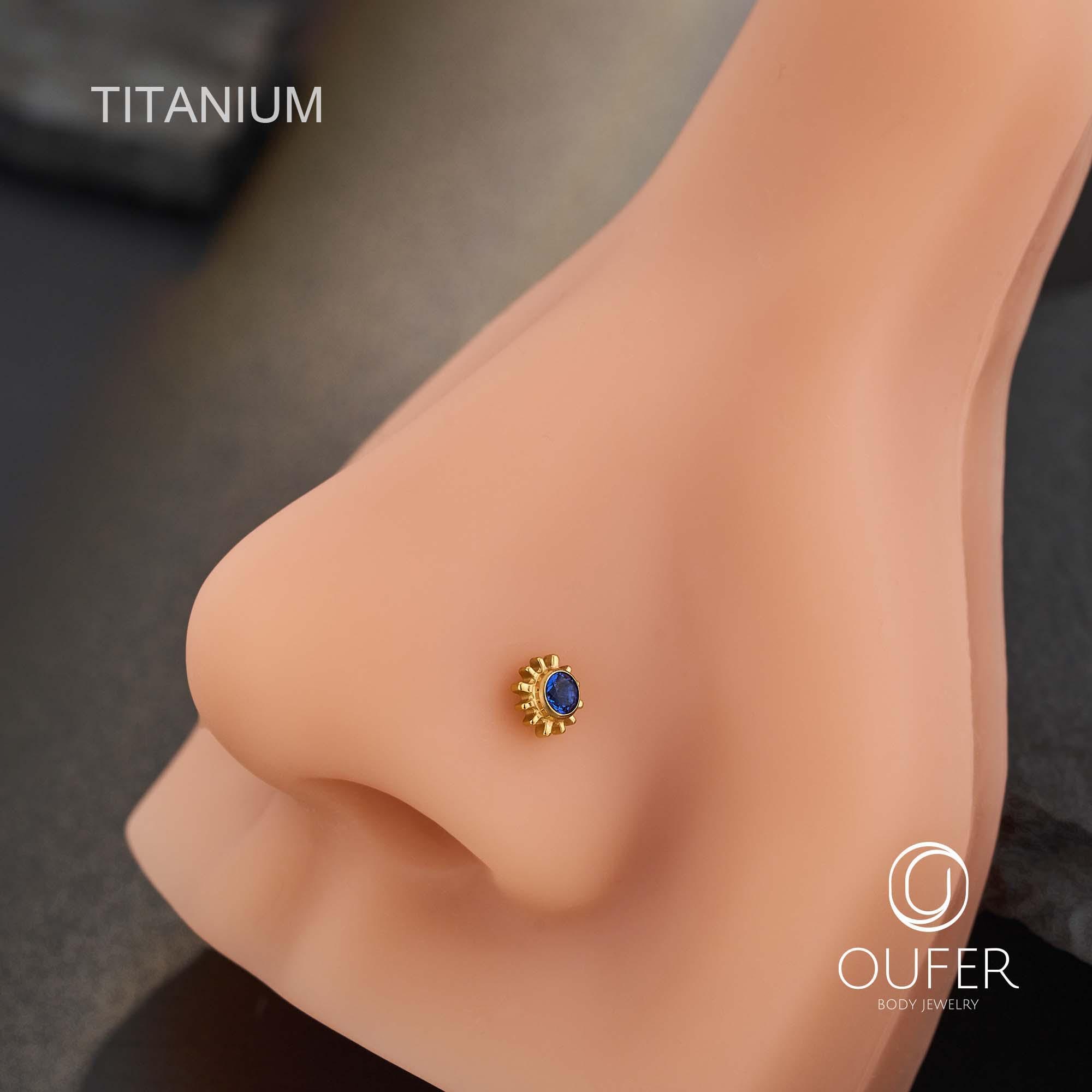 18G 6mm Titanium Sun Threadless Push-in Nose Stud – Sapphire CZ Flat ...
