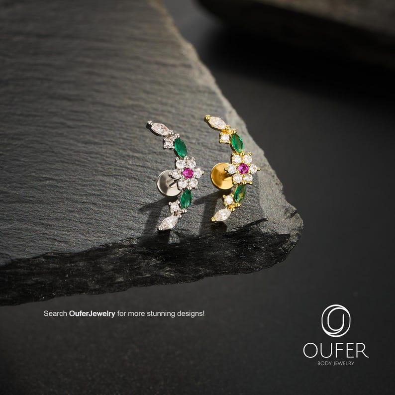 16G Floral Vine CZ Climber Inner Conch Piercing– Gold Curved Helix Flat ...