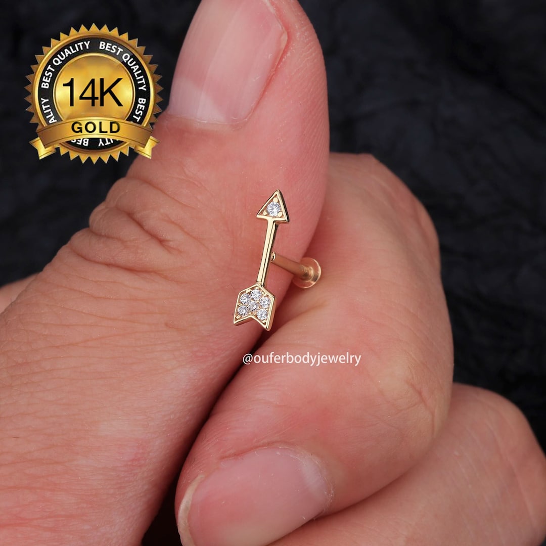 Perno de cartílago de flecha de oro sólido de 14K / Labret de empuje ...