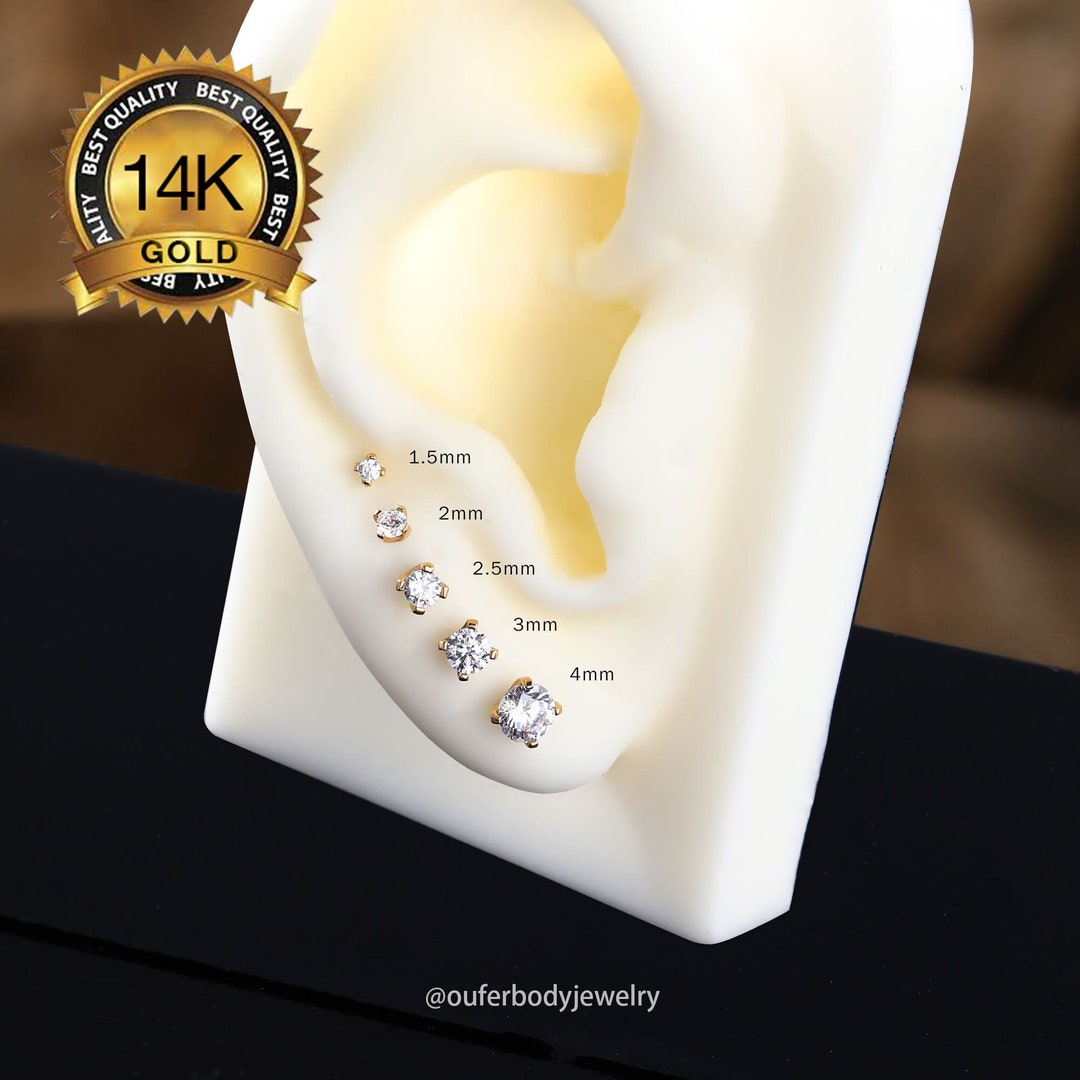 14K Solid Gold Threadless Push in CZ Labret Stud/tragus/cartilage/conch ...