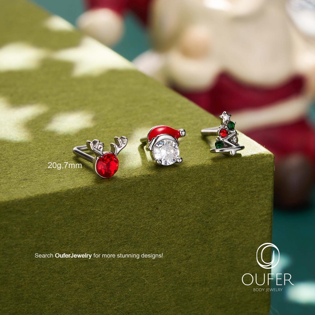 3pcs 20G Christmas L-shaped Nose Studs – Silver Nose Rings, Santa Claus ...