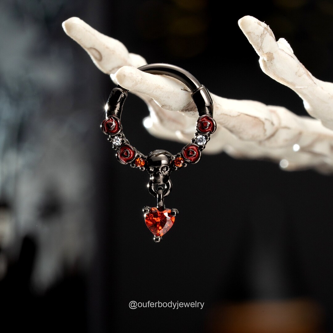 16G Skull Head Heart Dangle Hinged Segment Septum Ring/black Red Septum ...