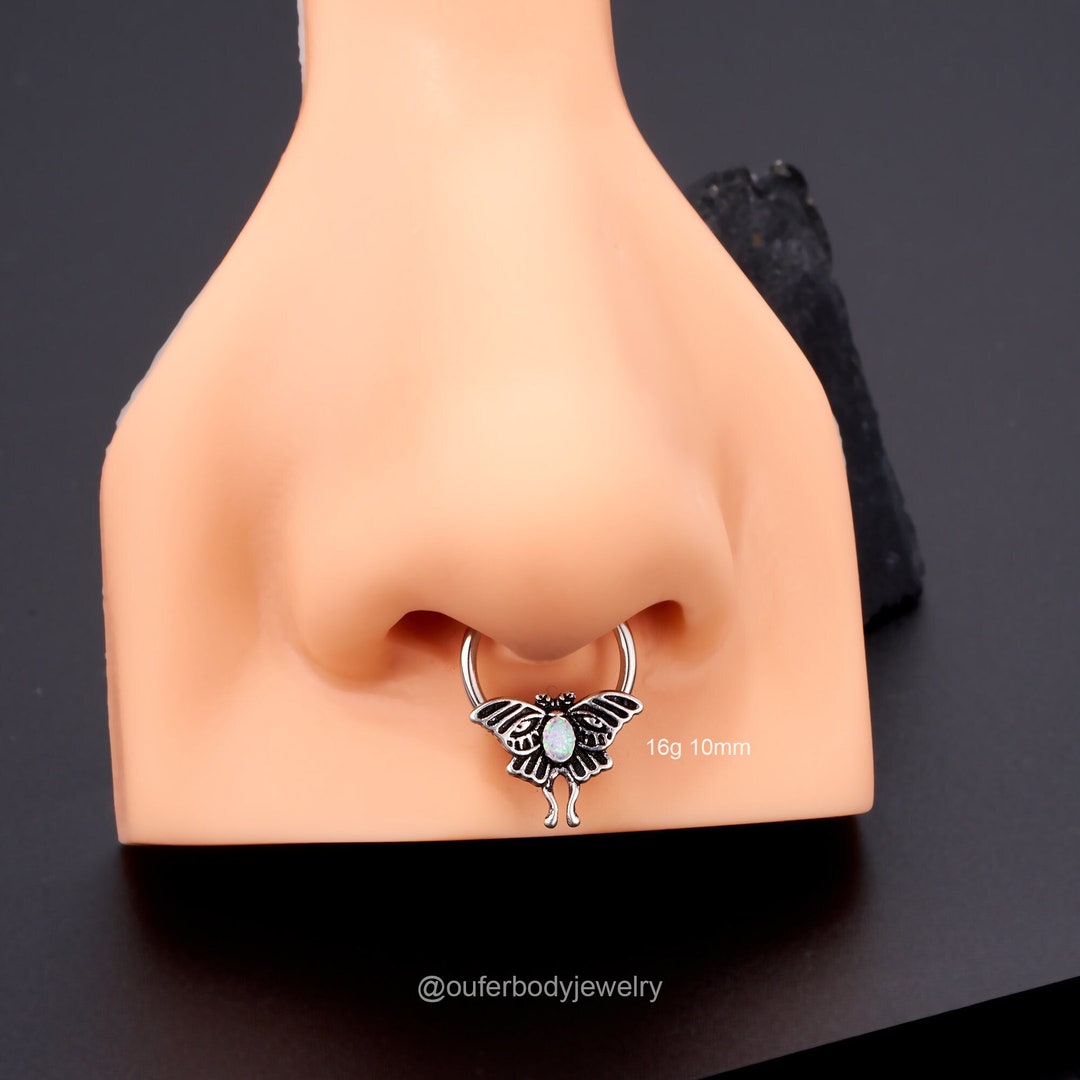 16G Retro Opal Moon Phase Moth Hinged Segment Septum Ring/hoop Clicker/cartilage Hoop/daith ...