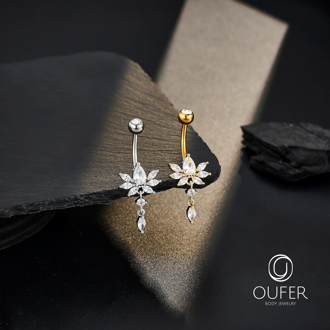 Anneau de nombril fleur de lotus 14 g - Piercing d'haltères pendants au ...