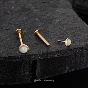 14K Solid Gold Bezel Opal Threadless Push Pin Labret Stud/cartilage ...